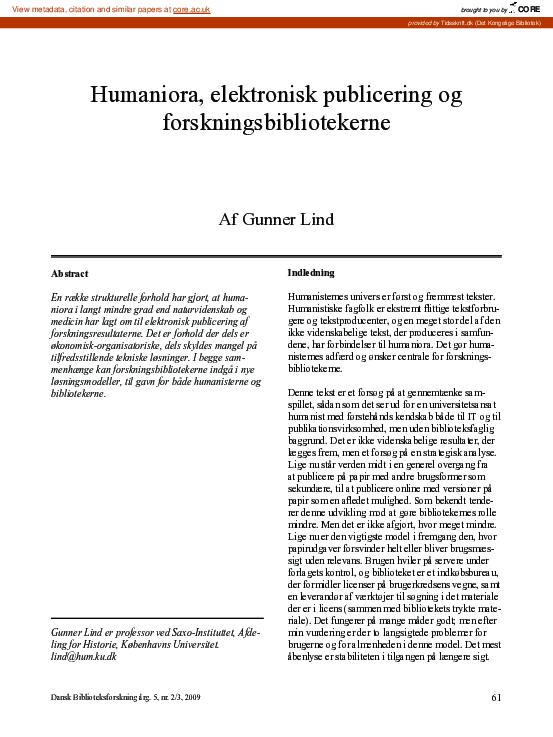 (PDF) Humaniora, elektronisk publicering og forskningsbibliotekerne