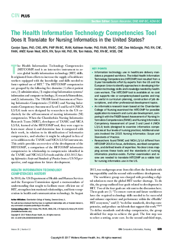 (PDF) The Health Information Technology Competencies Tool