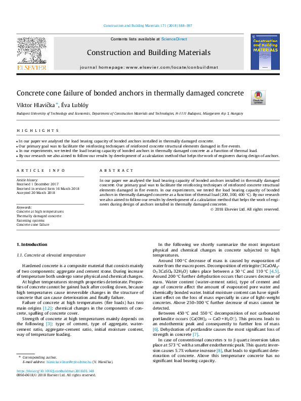 (PDF) Concrete cone failure of bonded anchors in thermally damaged ...