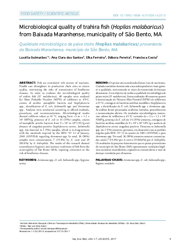 (PDF) Microbiological quality of trahira fish (Hoplias malabaricus ...