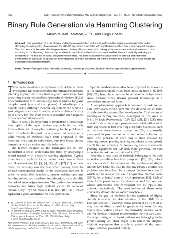 Pdf Binary Rule Generation Via Hamming Clustering Diego Liberati