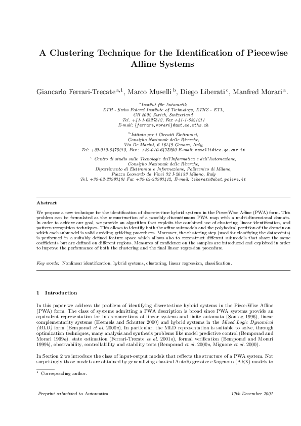 (PDF) A clustering technique for the identification of piecewise affine systems