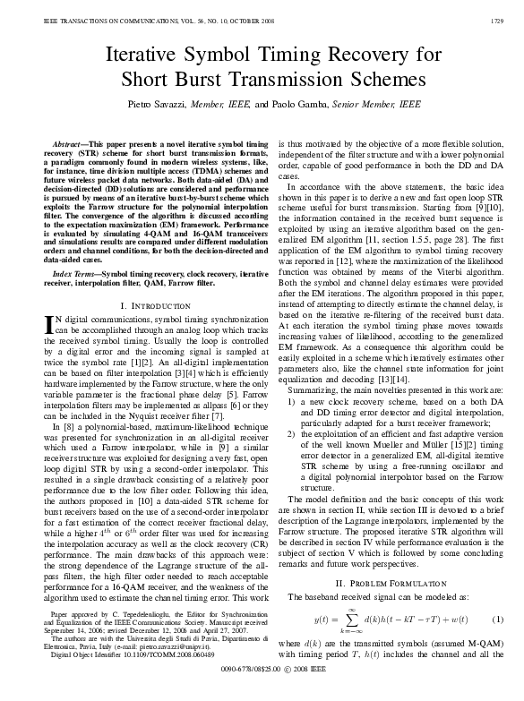 (PDF) Iterative symbol timing recovery for short burst transmission schemes