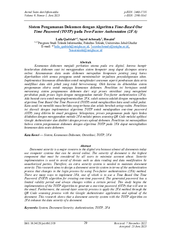 (PDF) Sistem Pengamanan Dokumen dengan Algoritma Time-Based One Time ...