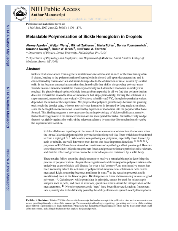 (PDF) Metastable Polymerization of Sickle Hemoglobin in Droplets
