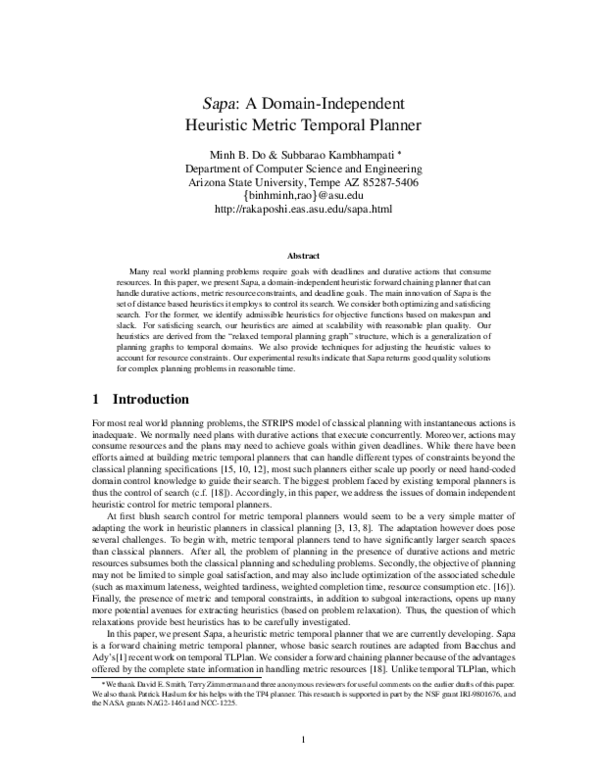 (PDF) Sapa: A domain-independent heuristic metric temporal planner