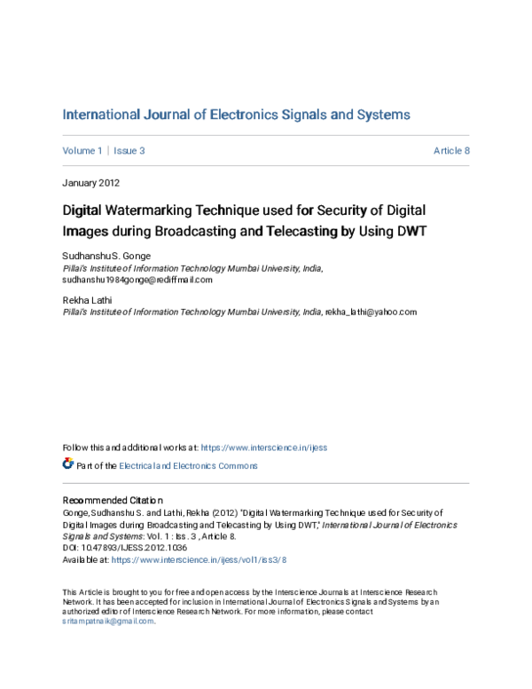 (PDF) Digital Watermarking Technique used for Security of Digital Images during Broadcasting and ...