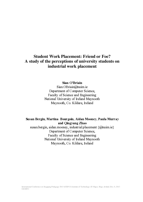 (PDF) Student Work Placement: Friend or Foe?A study of the perceptions ...