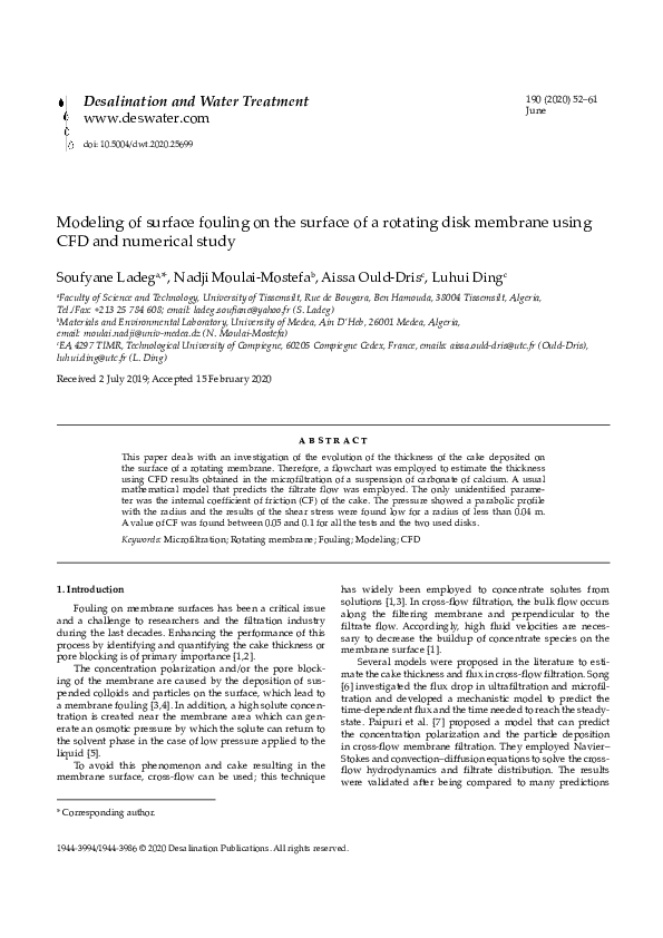 Pdf Modeling Of Surface Fouling On The Surface Of A Rotating Disk Membrane Using Cfd And