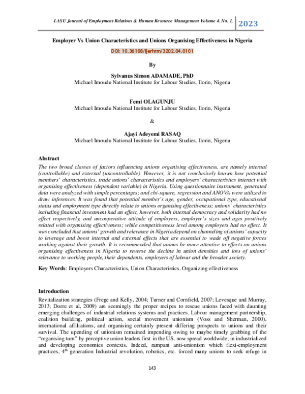 (PDF) Employer Vs Union Characteristics and Unions Organising ...