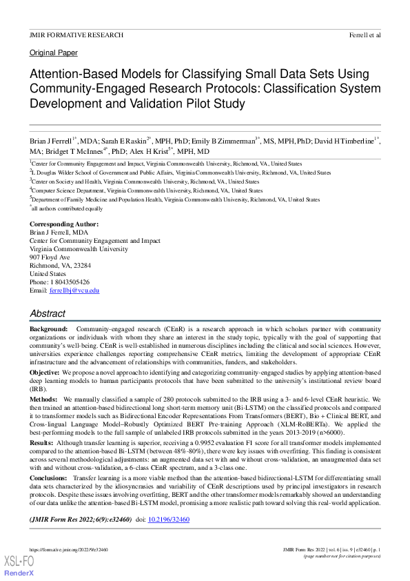 Pdf Attention Based Models For Classifying Small Data Sets Using Community Engaged Research