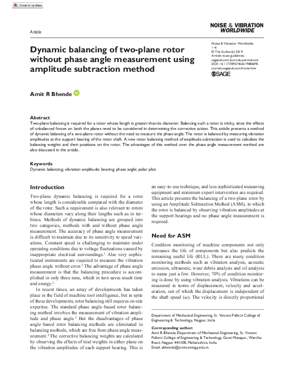 (PDF) Dynamic balancing of a two-plane rotor without phase angle ...
