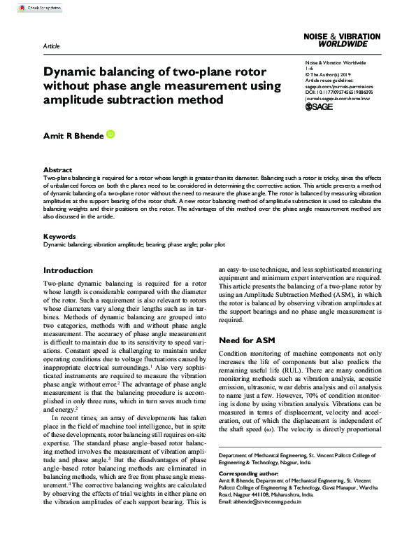 (PDF) Dynamic balancing of two-plane rotor without phase angle ...