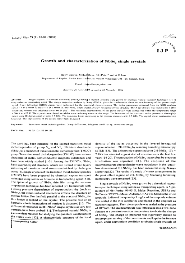 (PDF) Growth and Characterization of NbSe2 Single Crystals