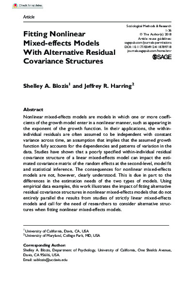 (PDF) Fitting Nonlinear Mixed-effects Models With Alternative Residual Covariance Structures