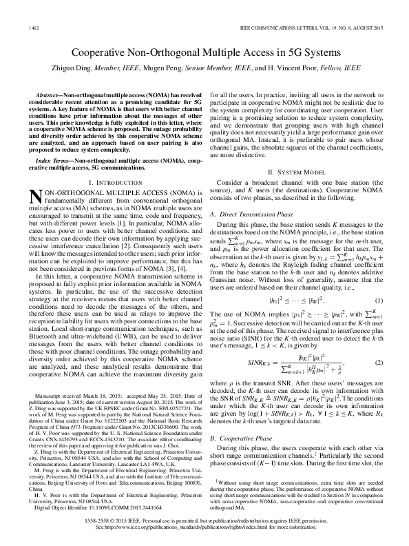 (PDF) Cooperative Non-Orthogonal Multiple Access in 5G Systems