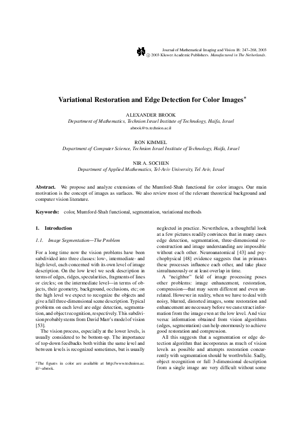 Pdf Variational Restoration And Edge Detection For Color Images