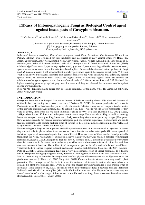 (PDF) Efficacy of Entomopathogenic Fungi as Biological Control agent against insect pests of ...