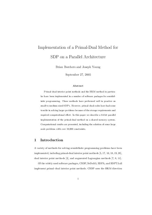 (PDF) Implementation of a Primal-Dual Method for SDP on a Parallel Architecture