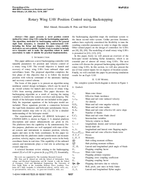 (PDF) Backstepping Position Control for Rotary Wing UAVs