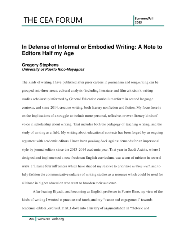 (PDF) In Defense of Informal or Embodied Writing: A Note to Editors ...