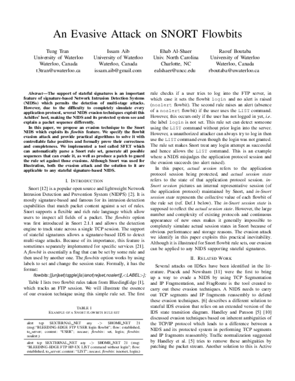 (PDF) An evasive attack on SNORT flowbits | Issam Abdallah - Academia.edu