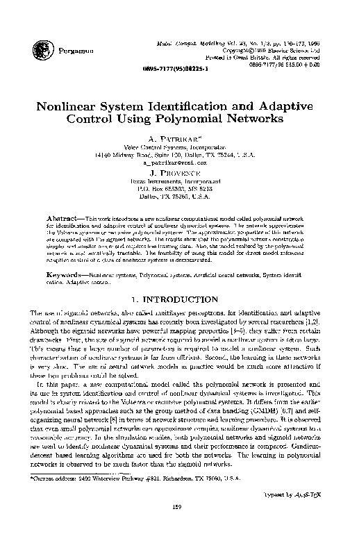 (PDF) Nonlinear system identification and adaptive control using polynomial networks