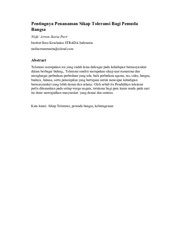 (DOC) Pentingnya Penanaman Sikap Toleransi Bagi Pemuda Bangsa