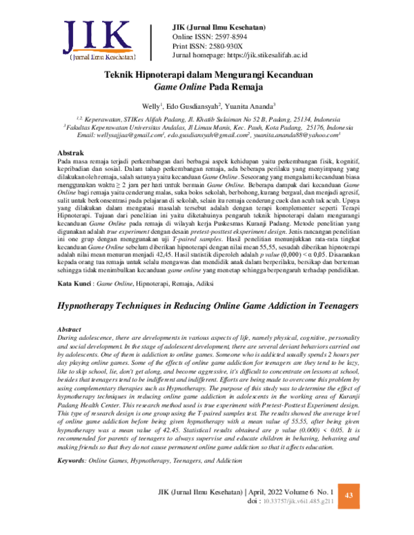 (PDF) Teknik Hipnoterapi Dalam Mengurangi Kecanduan Game Online Pada Remaja