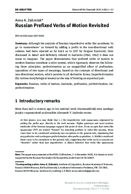 (PDF) Russian Prefixed Verbs of Motion Revisited