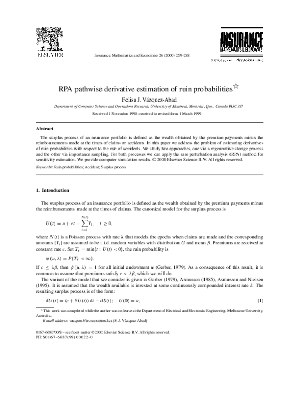 (PDF) RPA pathwise derivative estimation of ruin probabilities | Felisa Vazquez-Abad - Academia.edu