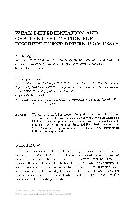 (PDF) Weak Differentiation and Gradient Estimation for Discrete Event Driven Processes