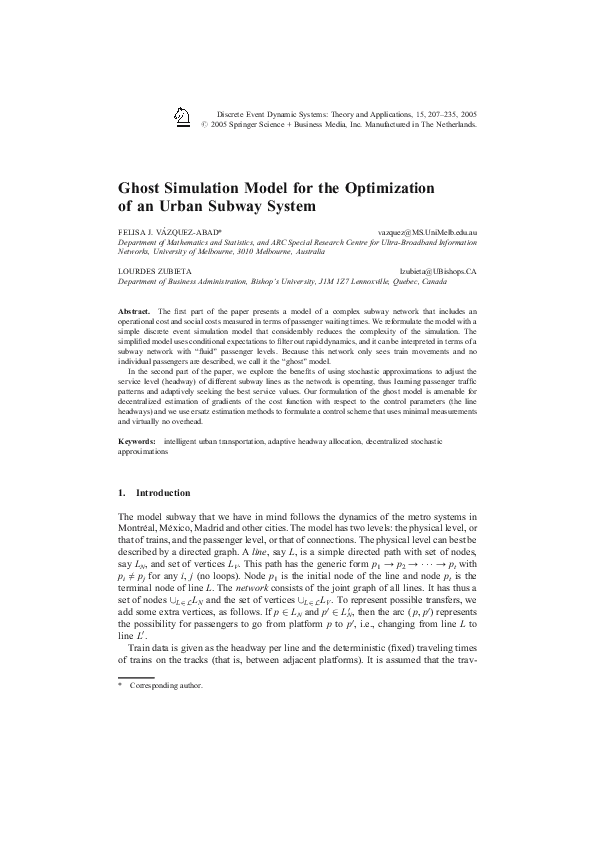 (PDF) Ghost Simulation Model for the Optimization of an Urban Subway System | Felisa Vazquez ...
