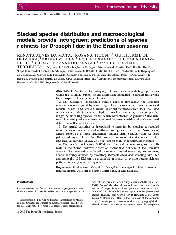 (PDF) Stacked species distribution and macroecological models provide ...