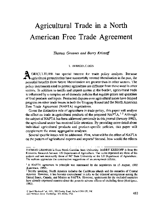 (PDF) Agricultural Trade in a North American Free Trade Agreement