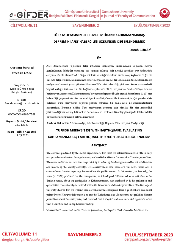 (PDF) TURKISH MEDIA'S TEST WITH EARTHQUAKE: EVALUATING KAHRAMANMARAŞ ...