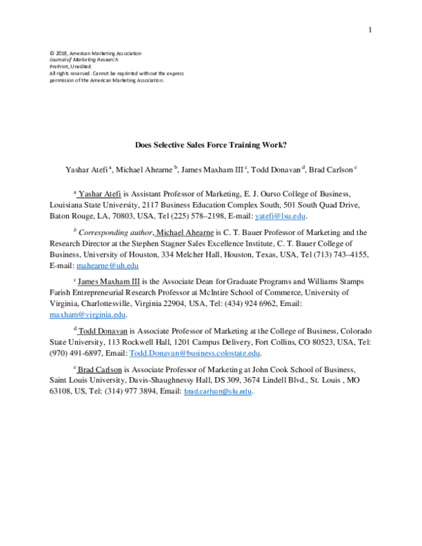 (PDF) Does Selective Sales Force Training Work?