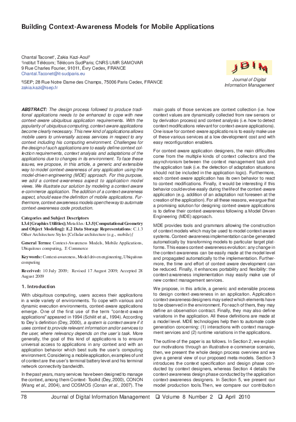 Pdf Building Context Awareness Models For Mobile Applications