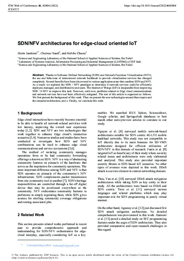 (PDF) SDN/NFV architectures for edge-cloud oriented IoT | habiba chaoui - Academia.edu