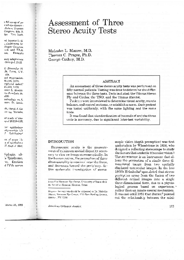 (PDF) Assessment of Three Stereo Acuity Tests