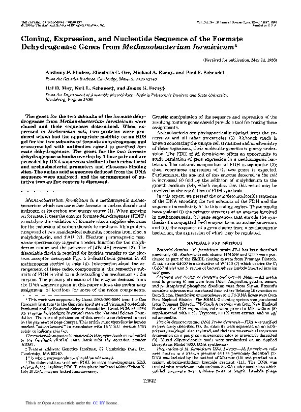 (PDF) Cloning, expression, and nucleotide sequence of the formate dehydrogenase genes from ...