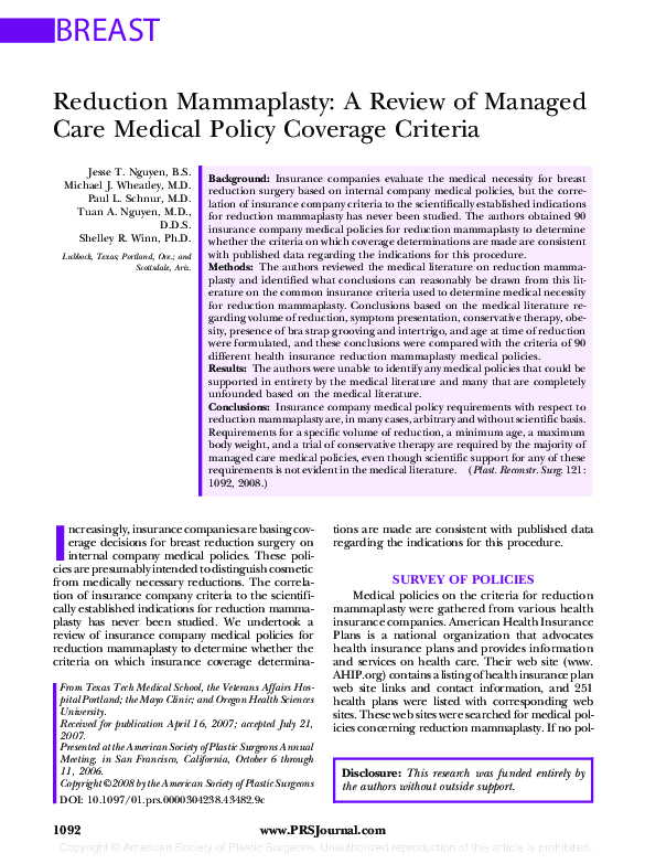 (PDF) Reduction Mammaplasty: A Review of Managed Care Medical Policy ...