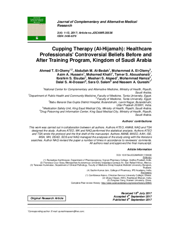 (PDF) Cupping Therapy (Al-Hijamah): Healthcare Professionals' Controversial Beliefs Before and ...