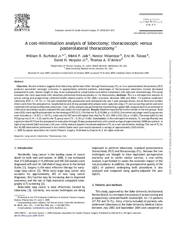 Pdf A Cost Minimisation Analysis Of Lobectomy Thoracoscopic Versus Posterolateral Thoracotomy
