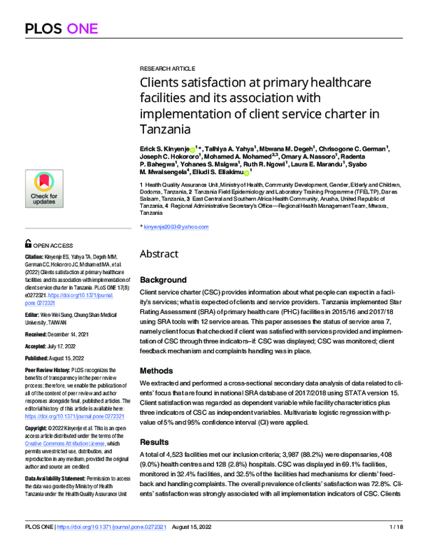 (PDF) Clients satisfaction at primary healthcare facilities and its ...