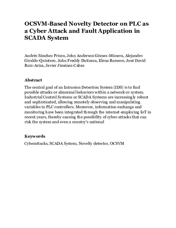 (PDF) OCSVM-Based Novelty Detector on PLC as a Cyber Attack and Fault Application in SCADA System