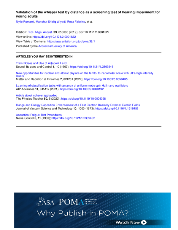 (PDF) Validation of the whisper test by distance as a screening test of ...