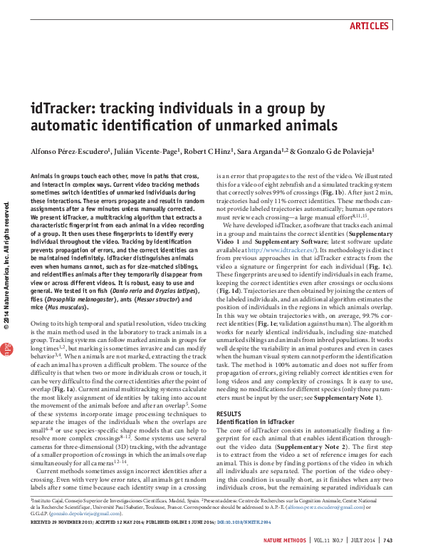 (PDF) idTracker: tracking individuals in a group by automatic ...