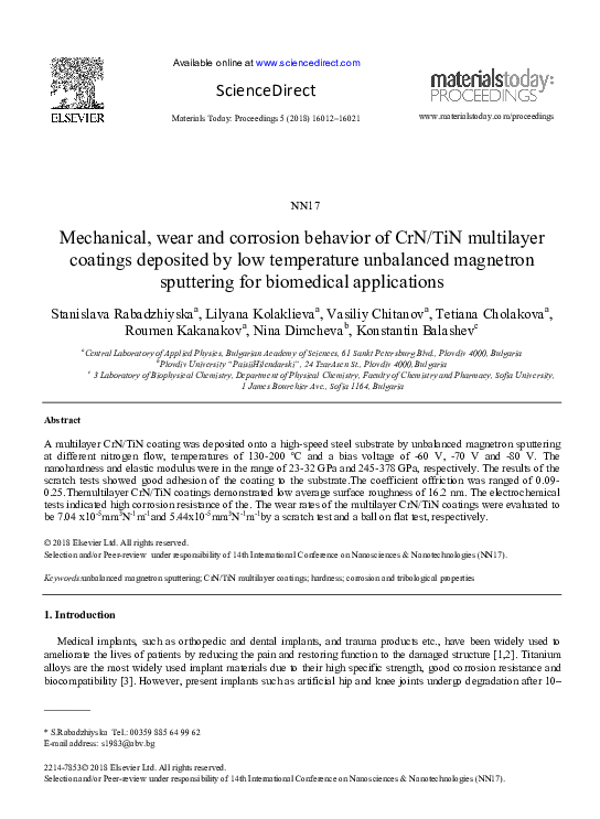 (PDF) Mechanical, wear and corrosion behavior of CrN/TiN multilayer coatings deposited by low ...