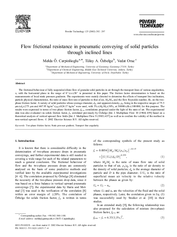 (PDF) Flow frictional resistance in pneumatic conveying of solid particles through inclined lines